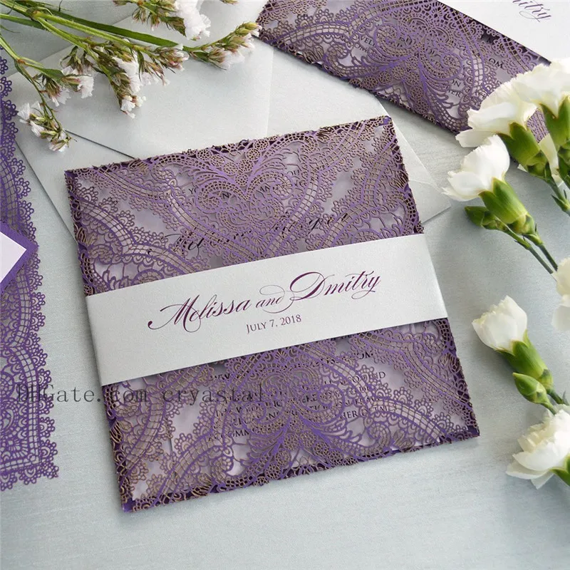 Elegant Purple Lace Laser Cut Wedding Invitations - Square, Ivory ...