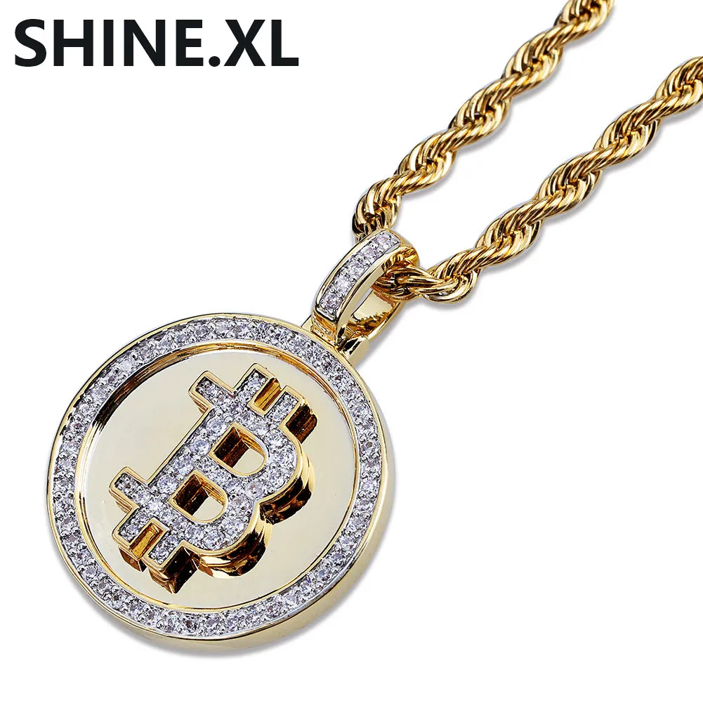 Iced Out Micro Pave Zirconia Bitcoin Pendant Necklace Gold Plated Hip ...