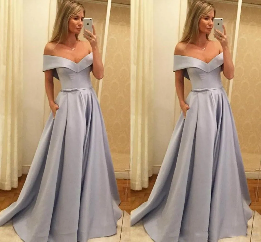 Custom Made Satin Off Shoulder Short Sleeve Prom Dress With Bow Ribbon ...