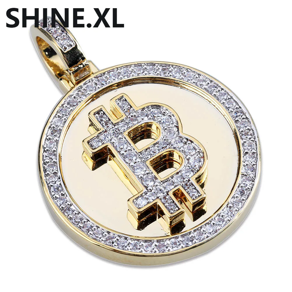 Hip Hop Gold Color Plated Iced Out Micro Pave Zirconia Round Bitcoin ...