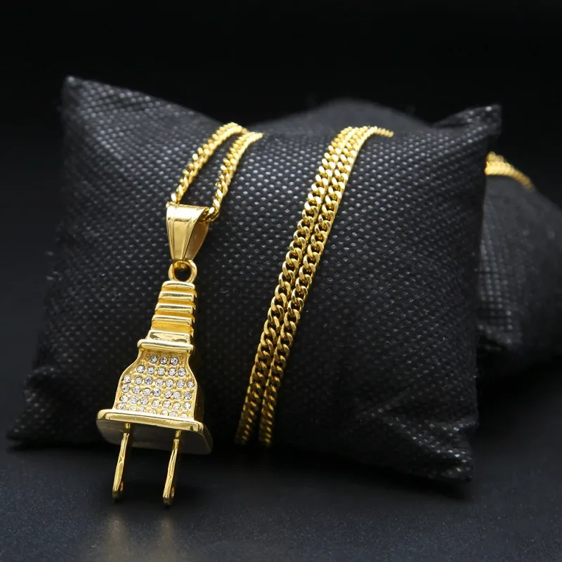 Mens Silver Cuban Link Chain Iced Out Plug Pendant Necklace With 60cm ...