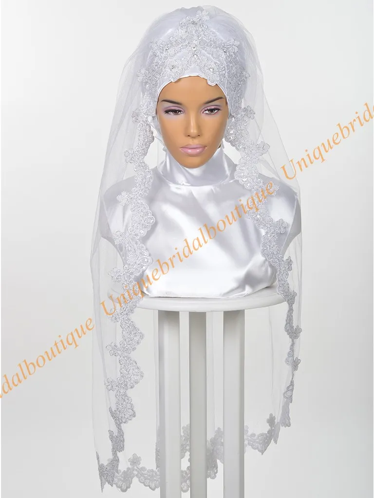 Muslim Wedding Bridal Hijab 2019 With Sequins & Silver Lace Appliques ...