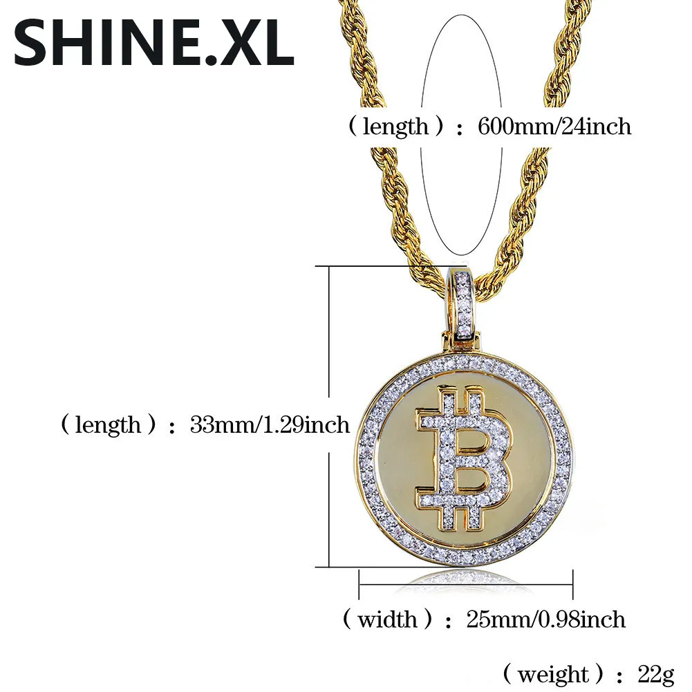 Iced Out Micro Pave Zirconia Bitcoin Pendant Necklace Gold Plated Hip ...
