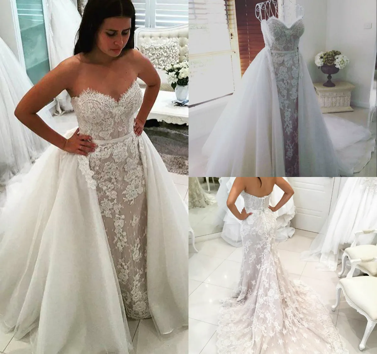 Mermaid Wedding Dresses With Detachable Train Sweetheart Lace Appliques ...