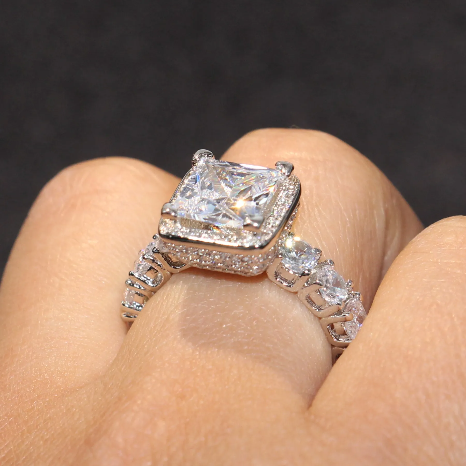 Sterling Silver Princess Cut CZ Wedding Band Ring Set For Women 925 Silver, Cubic Zirconia ...