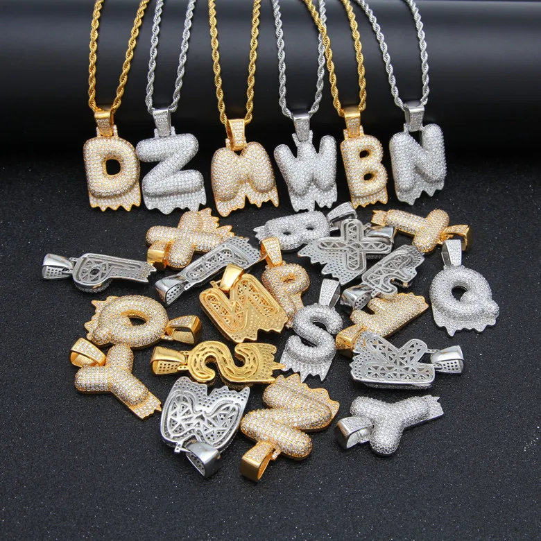 Custom Name Drip Letters Alphabet Pendant Necklace Set With Zircon ...