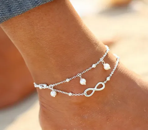 Summer Anklet: Pearl Bead Infinity Foot Jewelry - Silver & Gold Chain ...