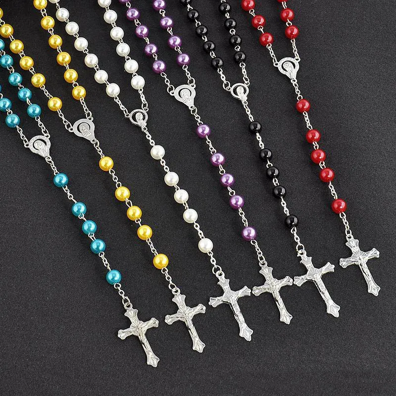 Christian Imitated Pearl Beads Rosary Necklace St. Benedict Cross ...
