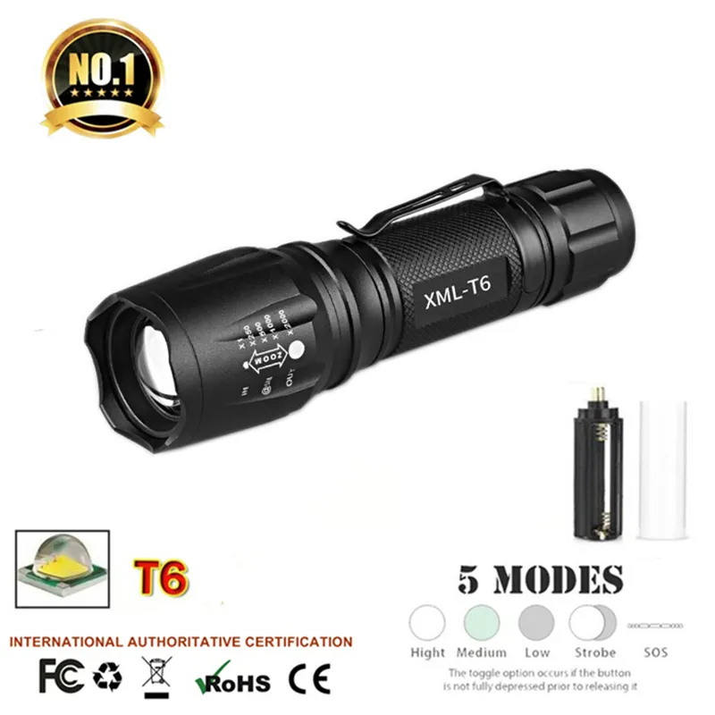 Powerful T6 LED Flashlight Zoomable 1000LM Waterproof Torch For Outdoor ...