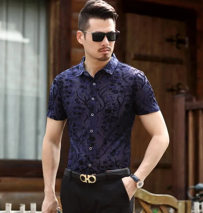 Mens Short Sleeve Silk Shirts Soft And Comfortable Floral Hollow Sex Thin Dress Shirt Mens