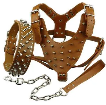 Spiked Studded Leather Dog Harness, Collar & Leash Set For Medium Large ...