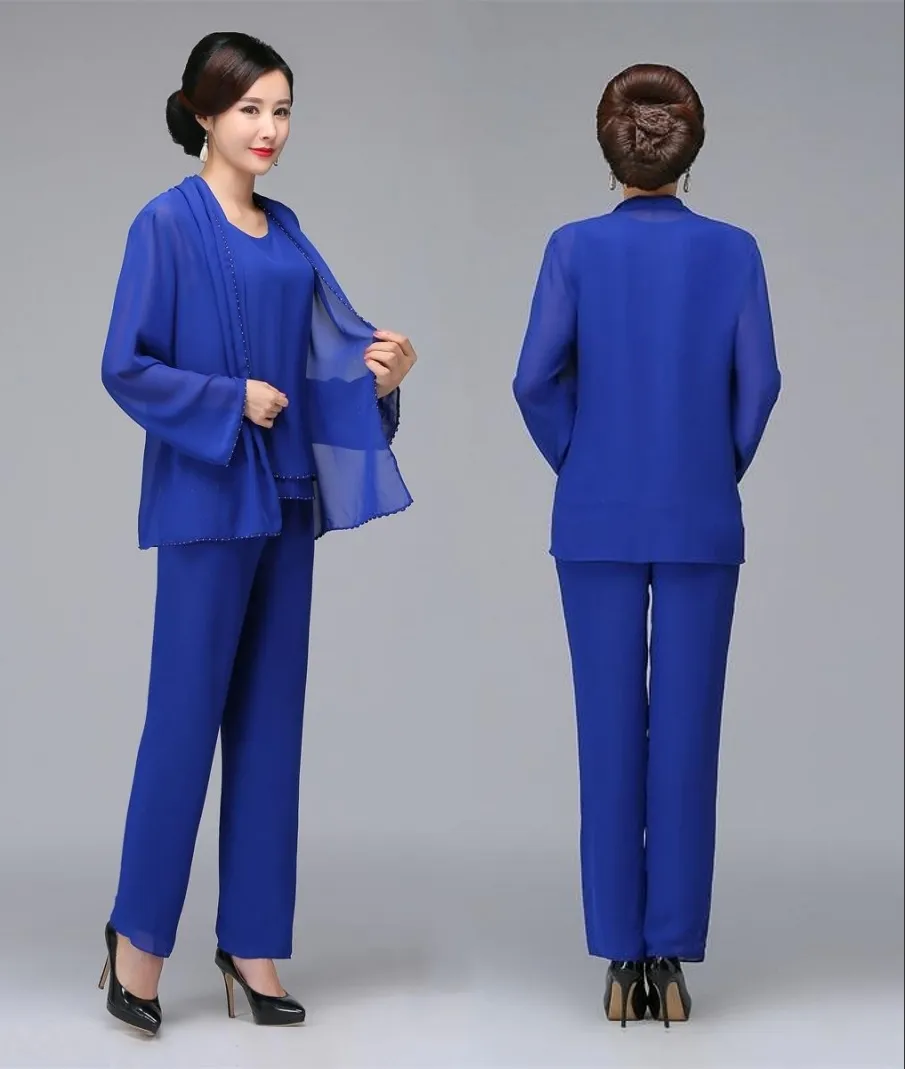 Royal Blue Beaded Mother Of The Bride Pant Suits With Jacket Chiffon ...