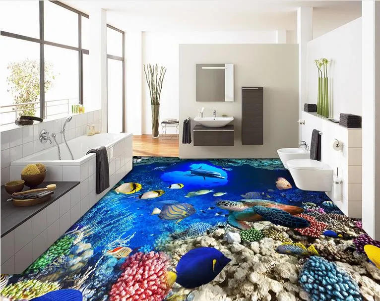 Bathroom Wallpaper Ocean World Beach Surf Dolphin 3D Floor Tiles Three ...