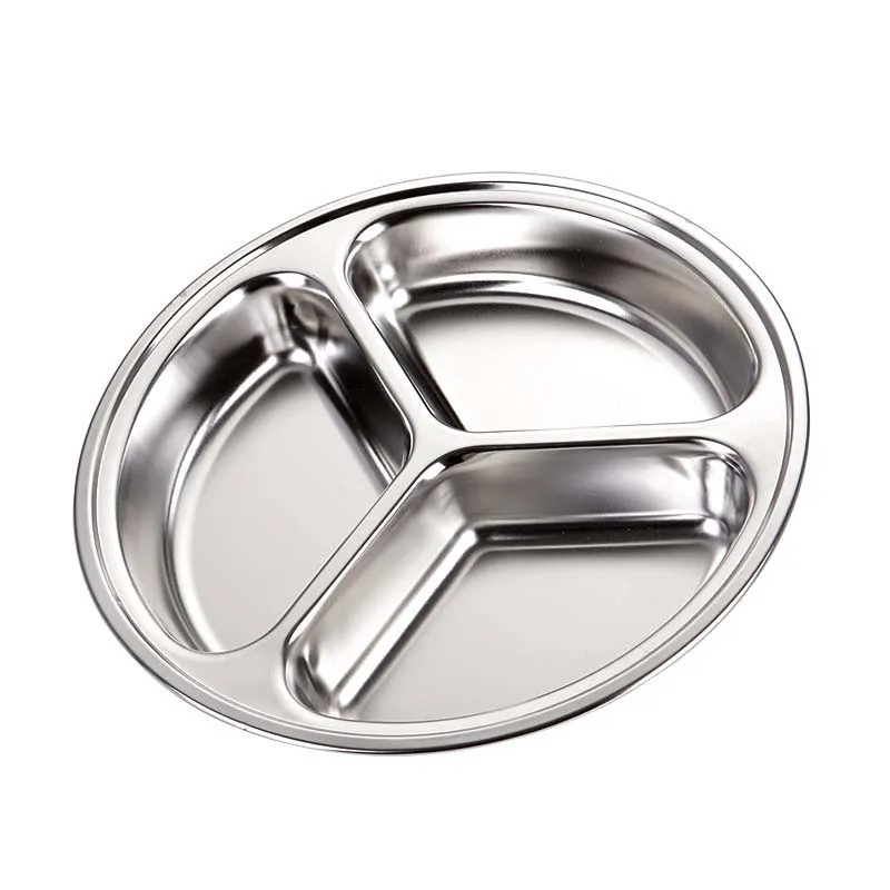 26cm Stainless Steel Fast Food Tray, 3-Grid Round Snack Tray ...