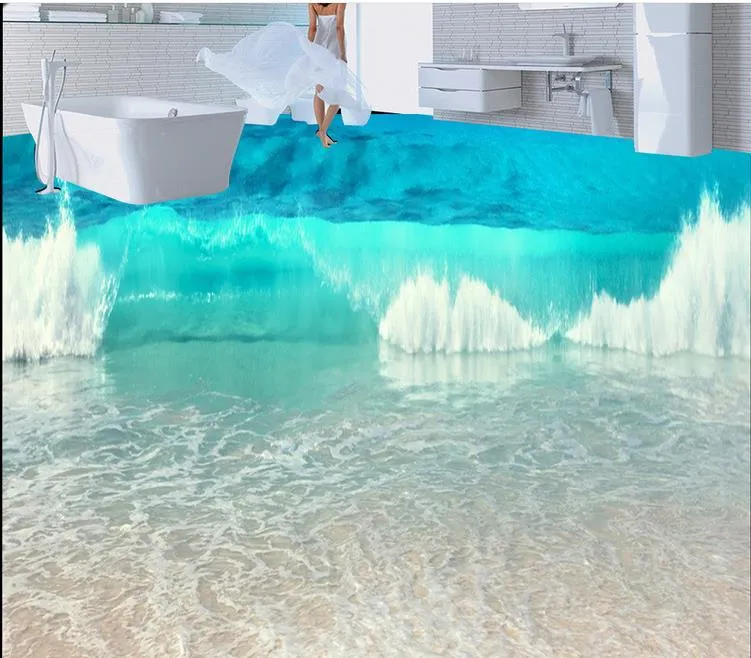 Bathroom Wallpaper Ocean World Beach Surf Dolphin 3D Floor Tiles Three ...