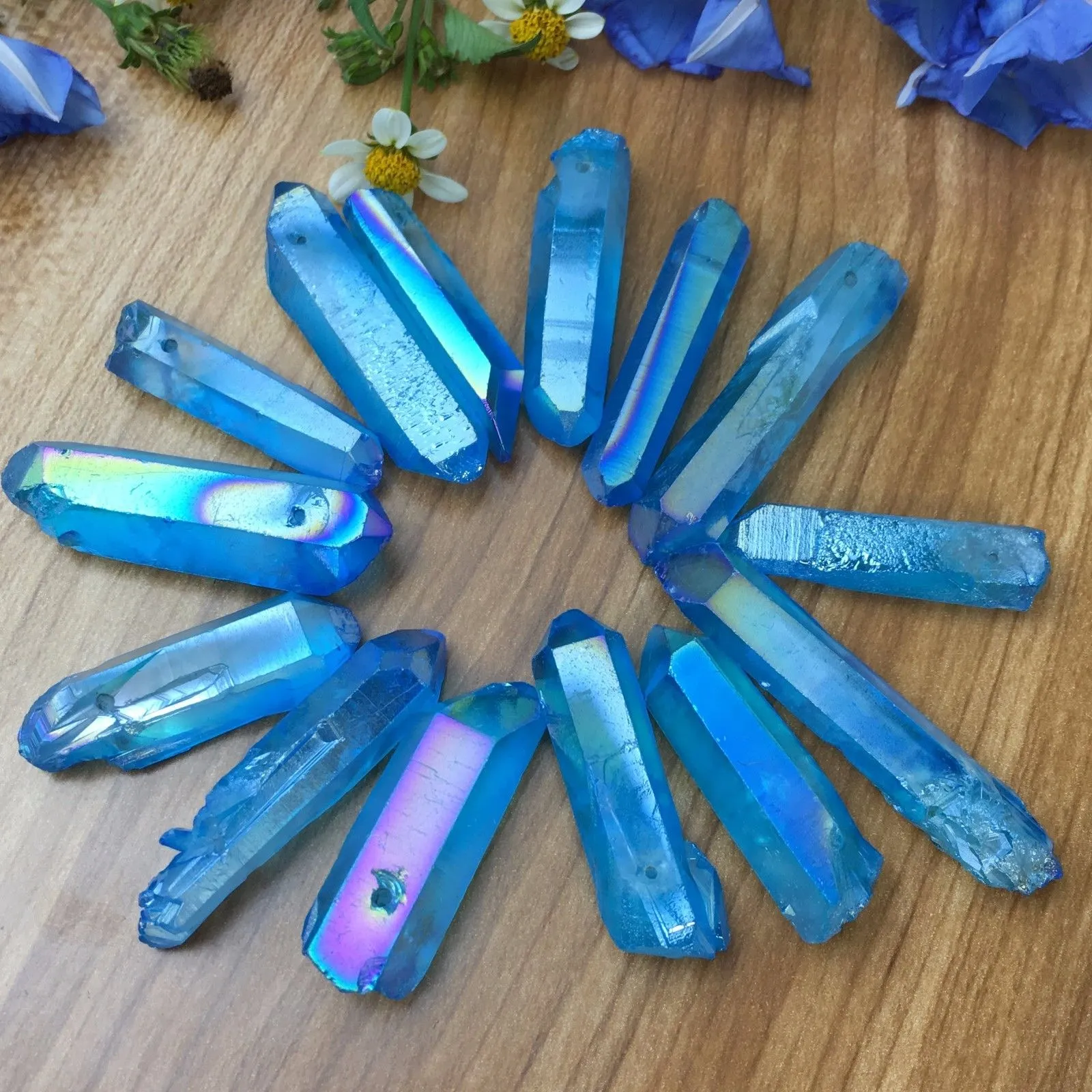 100g Blue Rainbow Titanium Quartz Crystal Wand Point Healing Degaussing ...