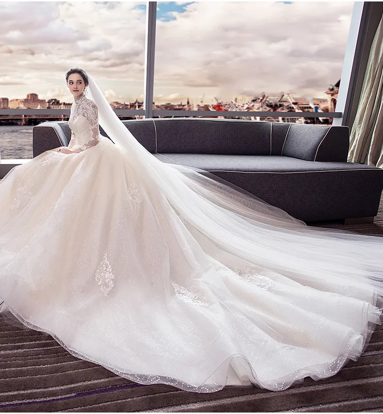 HY080 Wedding Dresses White Lace Applique Beach Gown With Long Sleeves ...