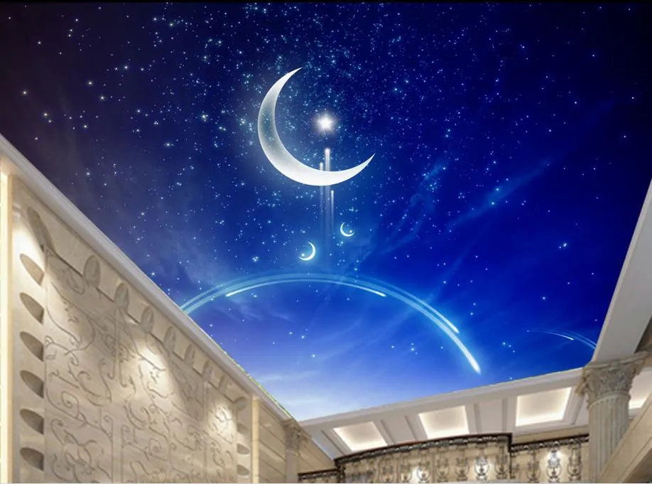 Custom 3D Starry Moon Ceiling Wallpaper For Living Room Decoration And ...