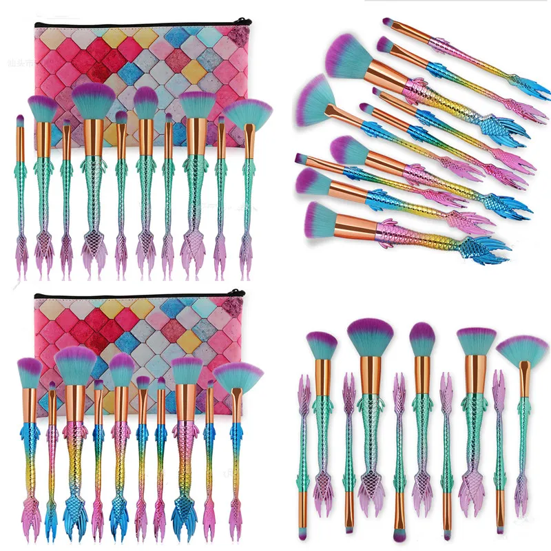 Mermaid Makeup Brushes Set, Rainbow Fish Makeup Brush Kit With Bag ...