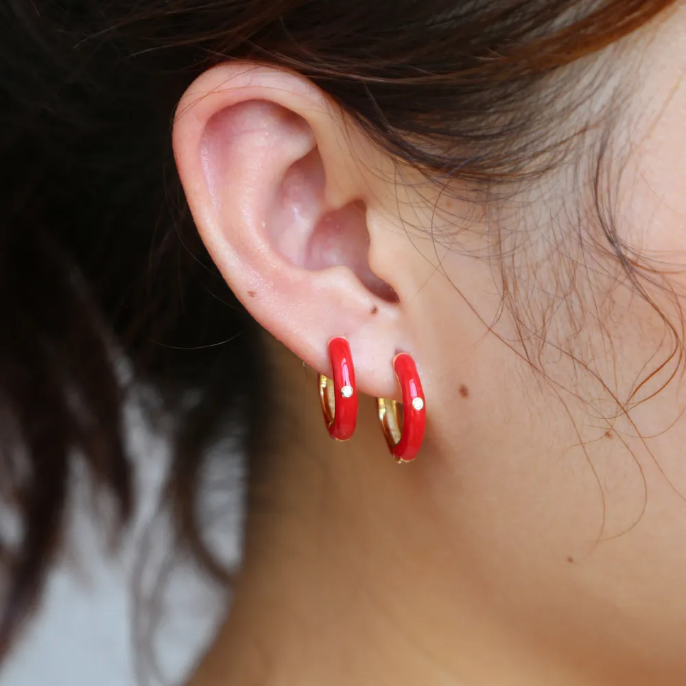Gold Plated Red Enamel Hoop Earring with Single Cubic Zirconia Elegance Fashion Women Gift