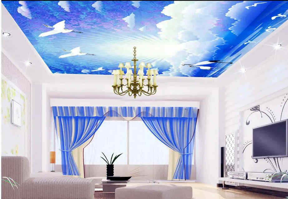 Custom 5D Blue Sky And White Clouds Ceiling Wallpaper For Bedroom ...