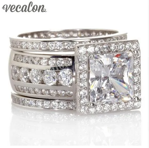 Vecalon Princess Cut 3 In 1 Ring Set Yellow Gold Filled 925 Silver 5A Zircon Cz Engagement ...