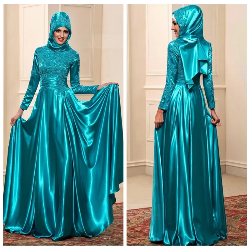Arabic A Line Muslim Dresses Evening Wear High Neck Lace Appliques