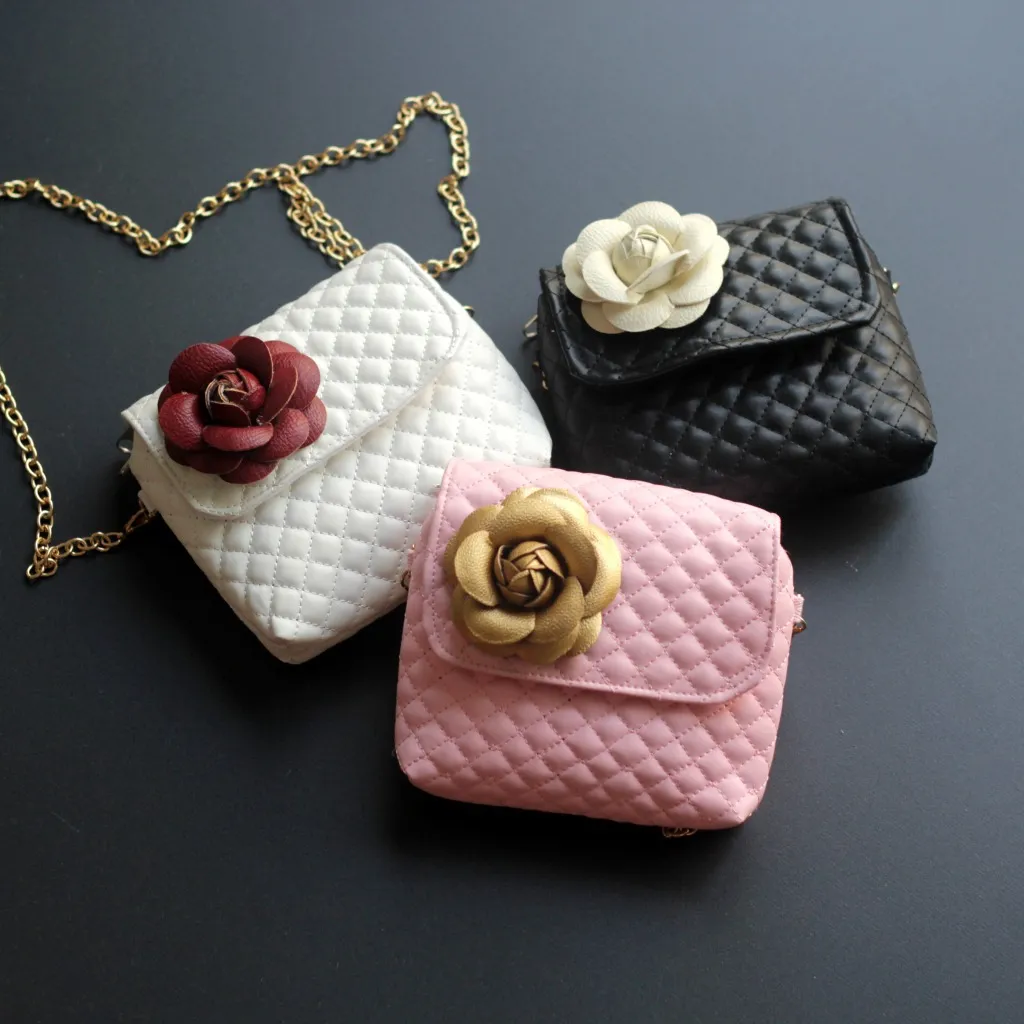 Kids Purses PU Leather Mini Plaid Chain Bags For Girls Floral Camellia ...