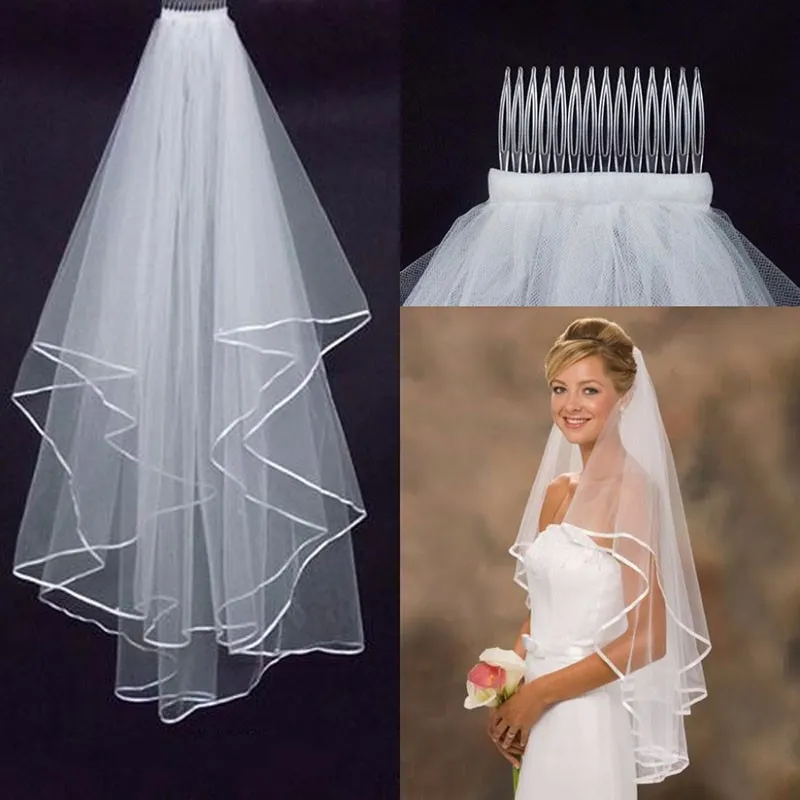 Elegant Short Wedding Veil with Comb & Ribbon Edge - 2 Layers Ivory ...