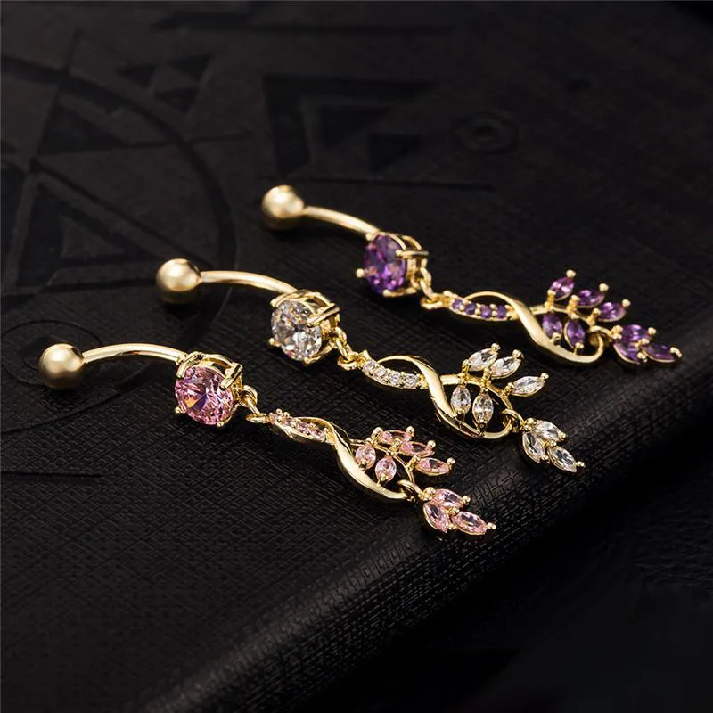 Gold Plated Dangle Belly Ring - Crystal Flower & Zircon Navel Jewelry ...