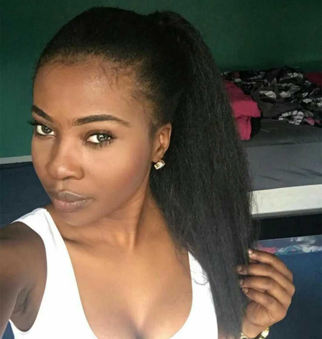 Italian Yaki Human Hair Drawstring Ponytail Extensions Natural Color ...