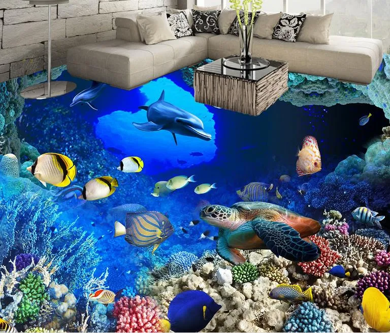 Bathroom Wallpaper Ocean World Beach Surf Dolphin 3D Floor Tiles Three ...