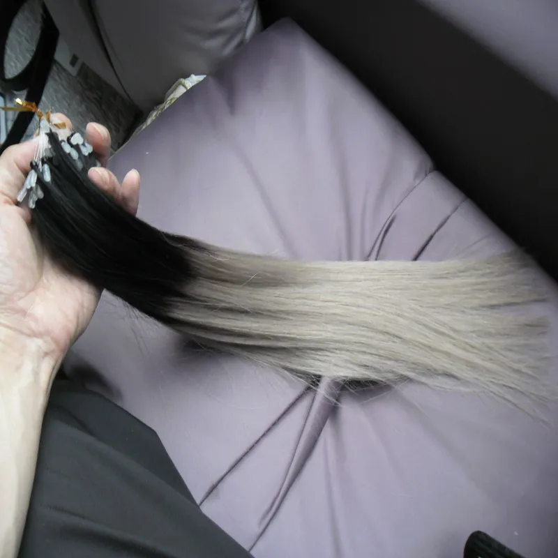T1B/Gray Ombre Micro Loop Ring Hair Extensions Straight Remy Human Hair ...