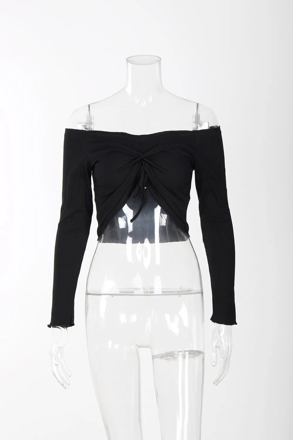 Women Off Shoulder Crop Top Regular Long Sleeve Slash Neck Shirt Crop