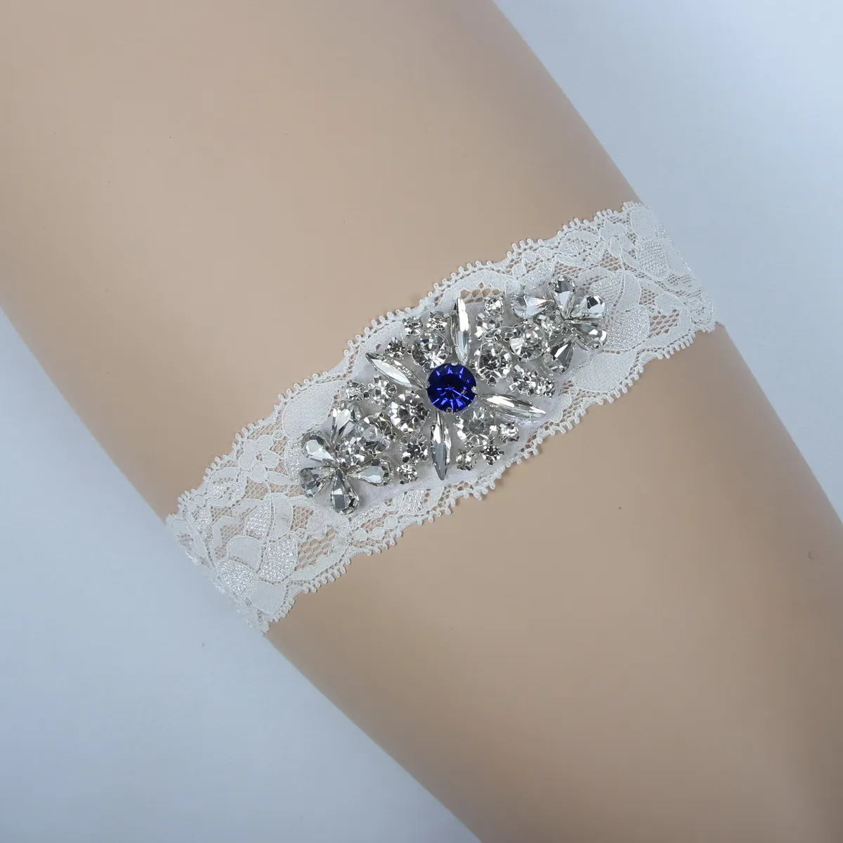 One Piece Lace Wedding Garters Set Blue Rhinestone Bridal Leg Garters ...