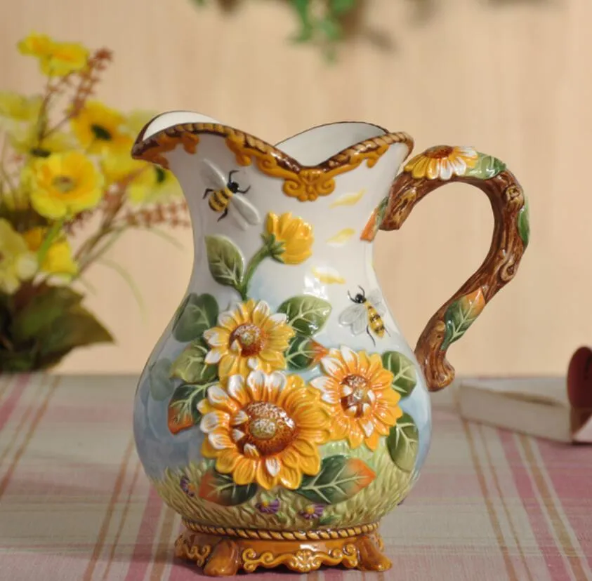 Ceramic sunflower flower pots light yellow glossy carved home decor ...