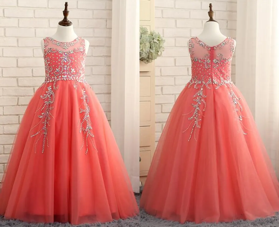 Coral Dresses Girls Pageant Dress: Sheer Neck Crystal Beaded Tulle A ...