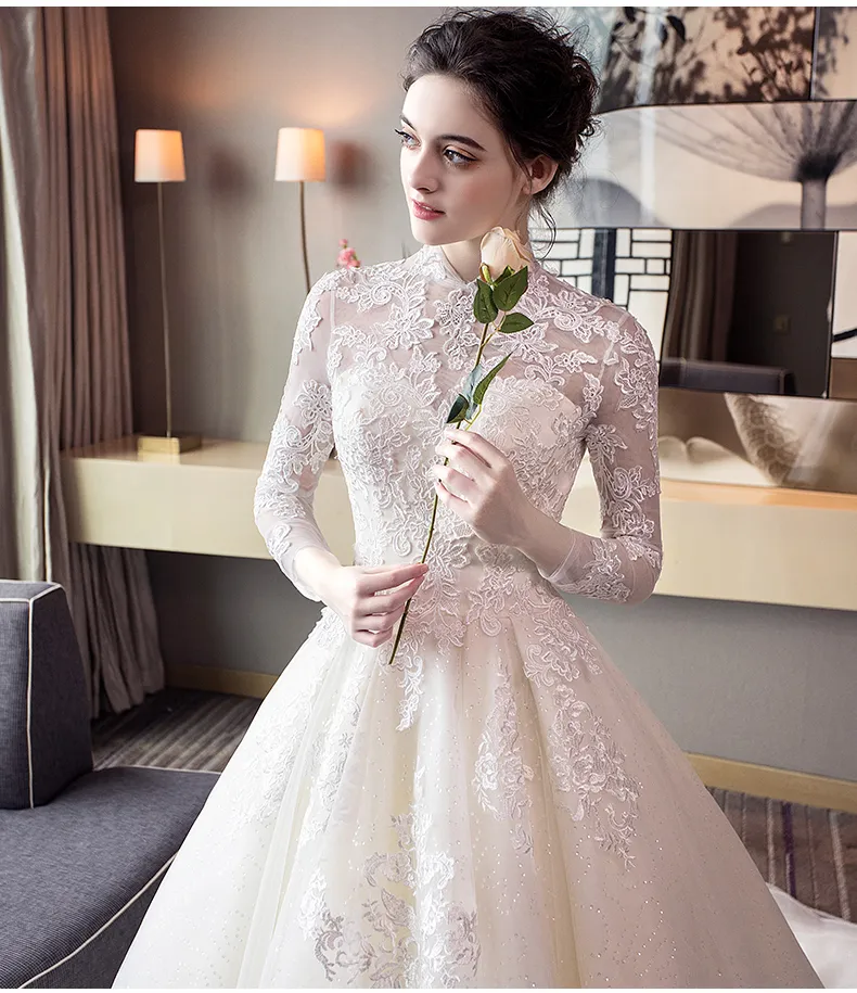 HY080 Wedding Dresses White Lace Applique Beach Gown With Long Sleeves ...