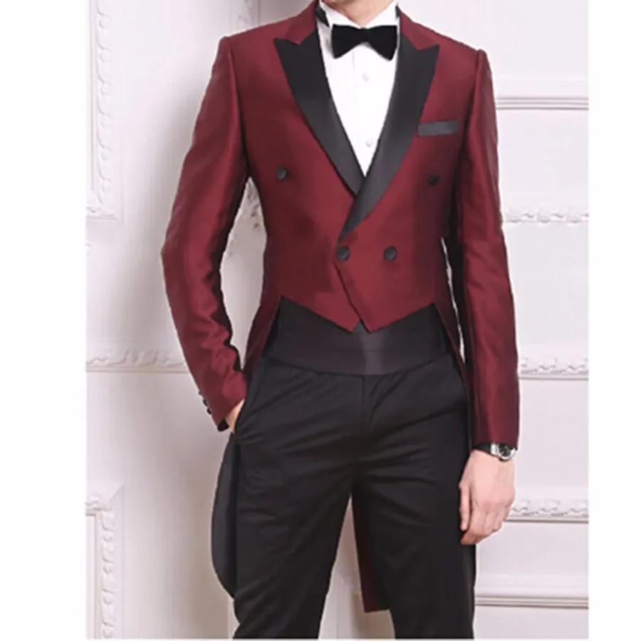 Fashion Burgundy Tailcoat Men Wedding Tuxedos Double Breasted Center ...