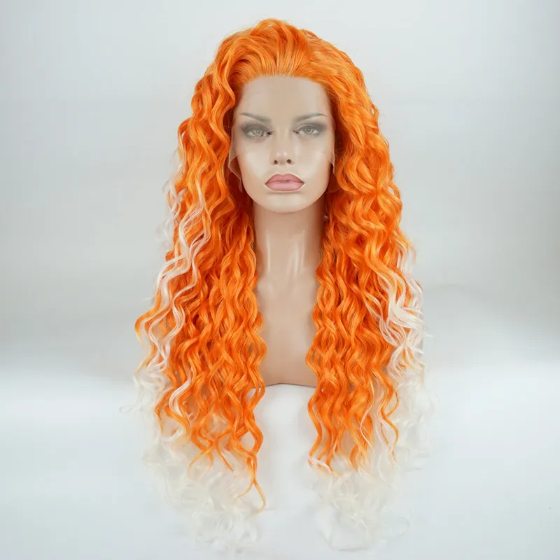 Iwona Orange Root White Ombre Curly Orange Lace Front Wig Half Hand ...