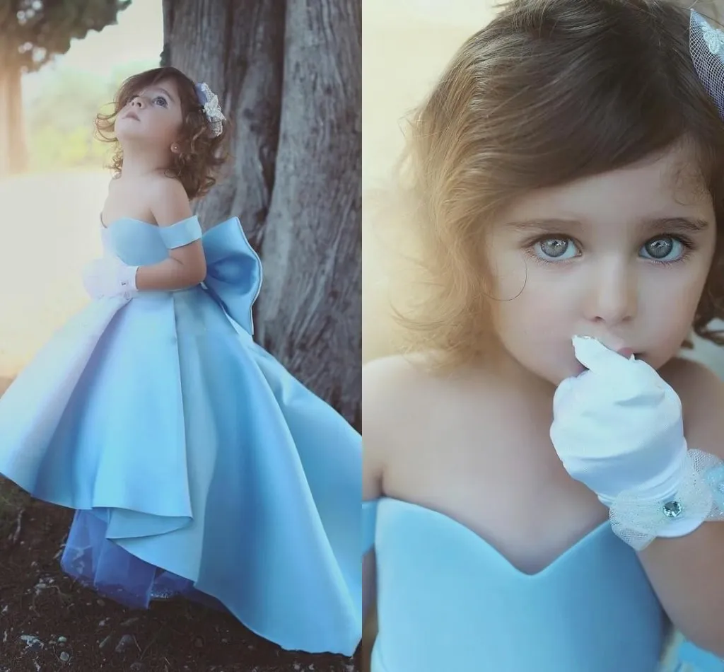 Off-Shoulder Sky Blue Satin beauty pageant dresses with Big Bow for Weddings, Birthdays, and ...