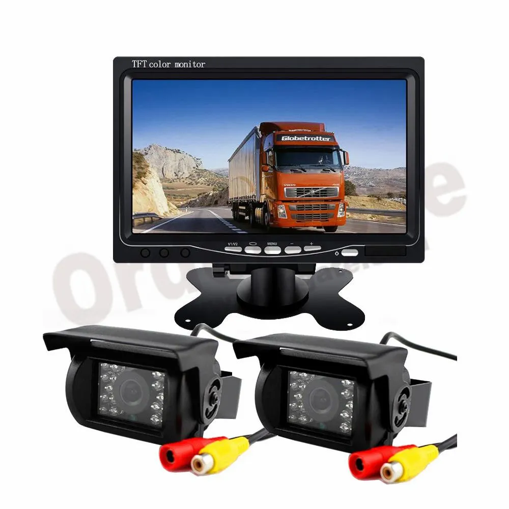 2x 18 LED IR Reverse Camera 12V/24V+ 7 LCD Monitor Car Rear View Kit ...