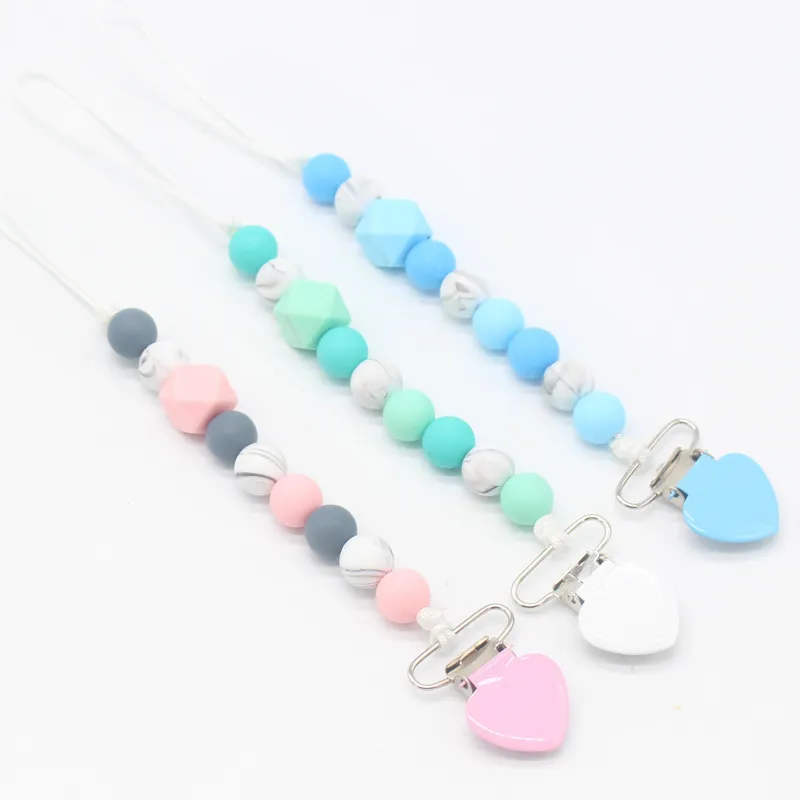 Silicone Soother Clip Beaded Pacifier Clip With Heart Holder, Marble ...