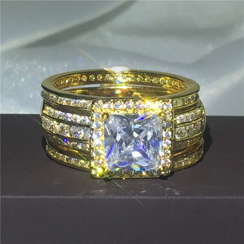 Vecalon Princess Cut 3 In 1 Ring Set Yellow Gold Filled 925 Silver 5A Zircon Cz Engagement ...