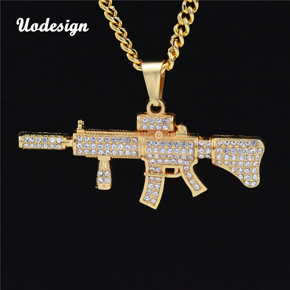 Alloy AK47 Gun Pendant Necklace Iced Out Bling Rhinestone Cuban Chain ...