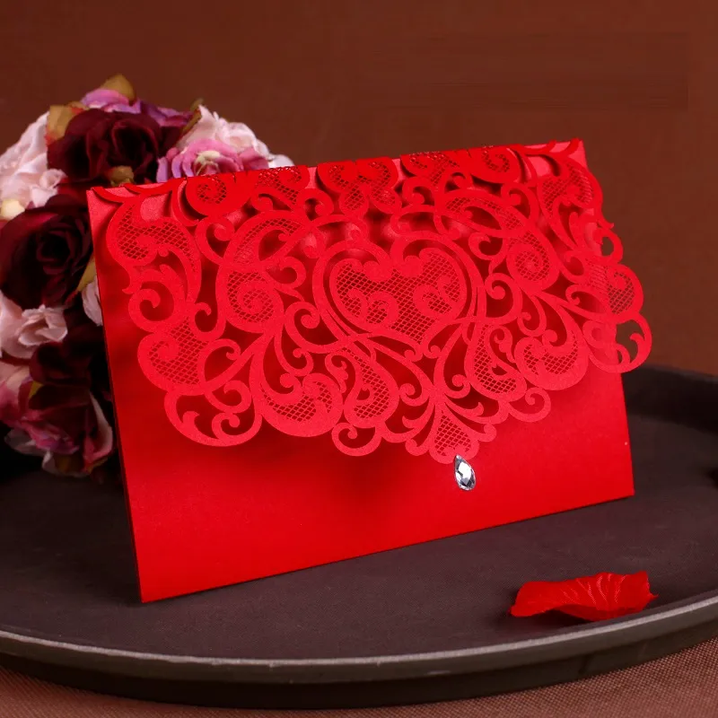 Red Laser Cut Wedding Envelopes Luxury Glitter Laser Cut Pocketfold