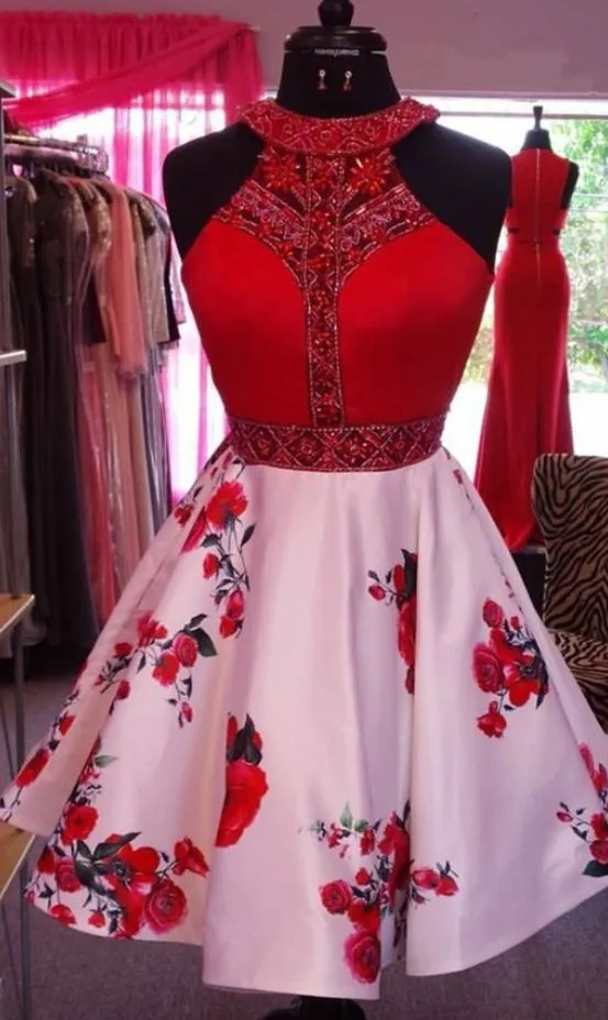 Red Satin Mini Homecoming Dress with Crystal Beading High Neck Zipper ...