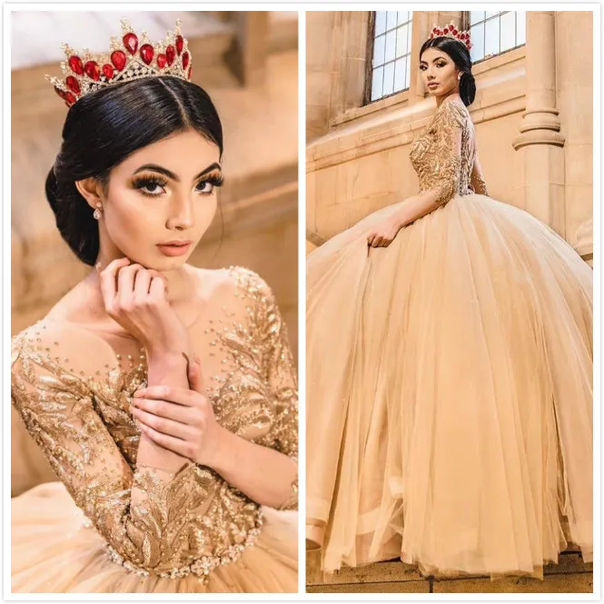 Or Dentelle Perlée Cristaux Quinceanera Robes De Bal Sheer Neck Manches ...