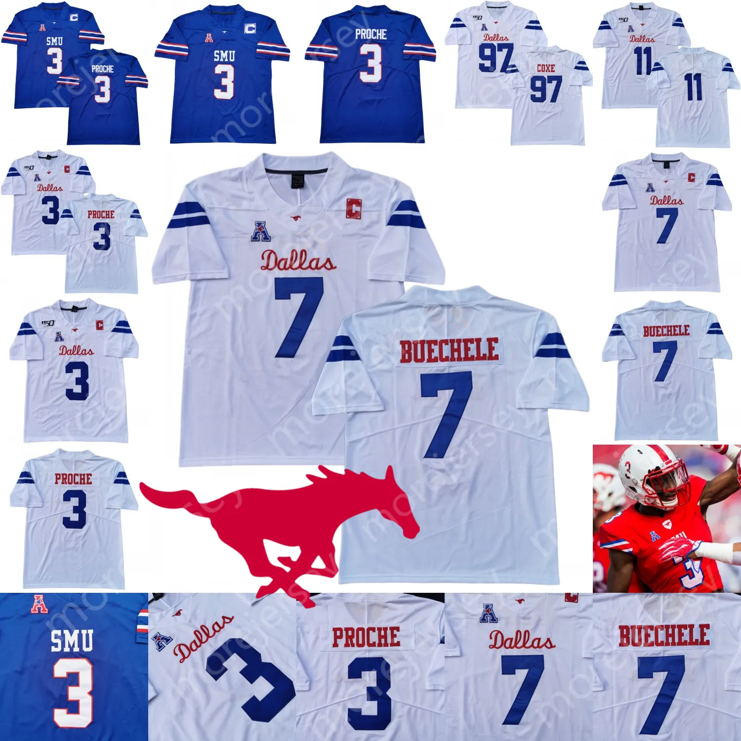 SMU Mustangs NCAA Football Jersey: Proche & Buechele, White/Blue ...