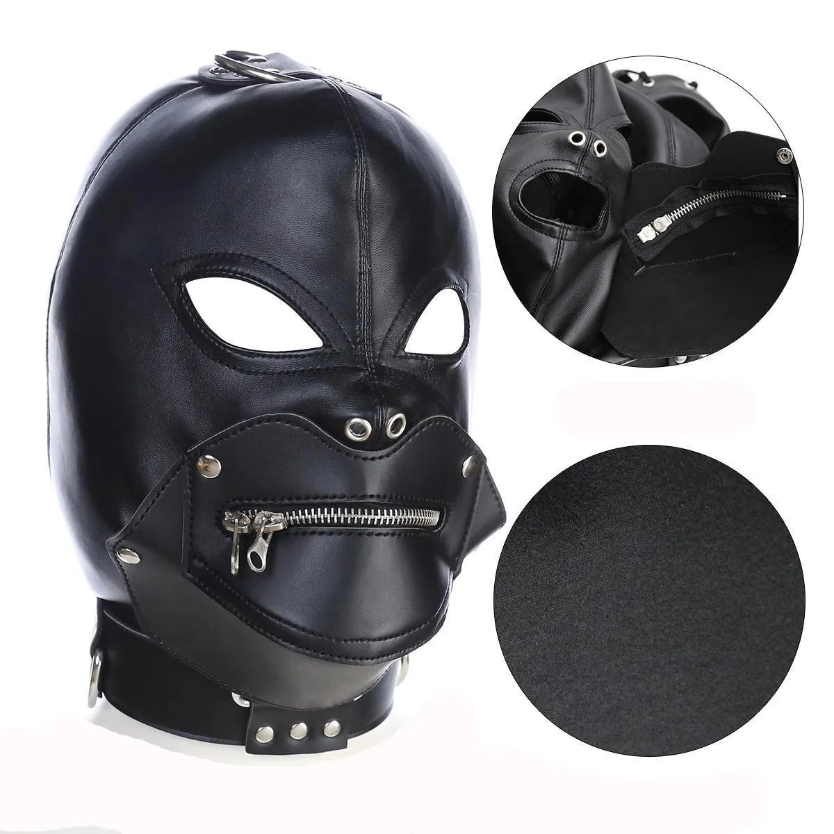 In Bondage Faux Leather Mask Hood Zip Mouth & Padlock Costume Party ...